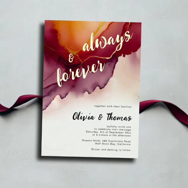 Always Forever Burgundy Orange Modern Fall Wedding Foil Invitation | Zazzle