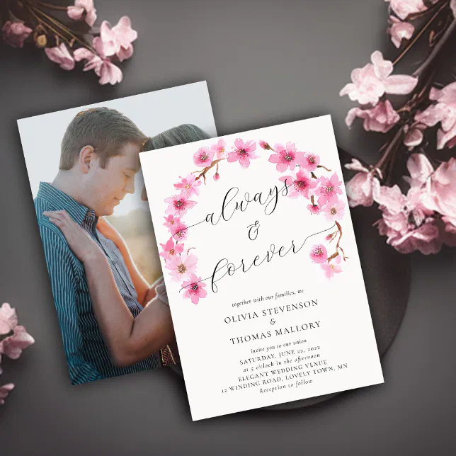 Always Forever Cherry Blossoms Arch Photo Wedding Invitation | Zazzle