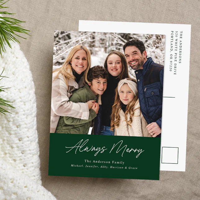 Always Merry Green Minimalist Photo Holiday Postcard | Zazzle