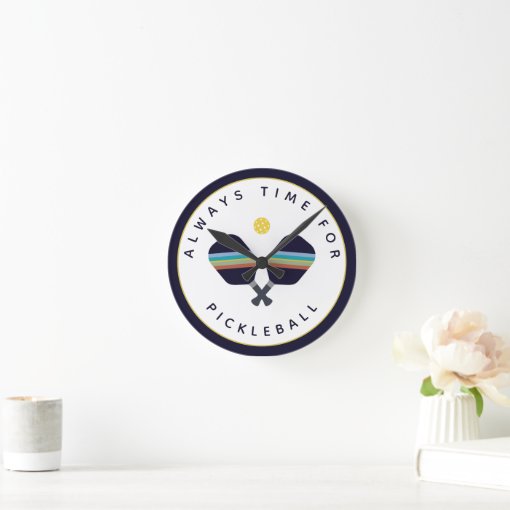 Always Time for Pickleball Paddles Blue Yellow Round Clock | Zazzle