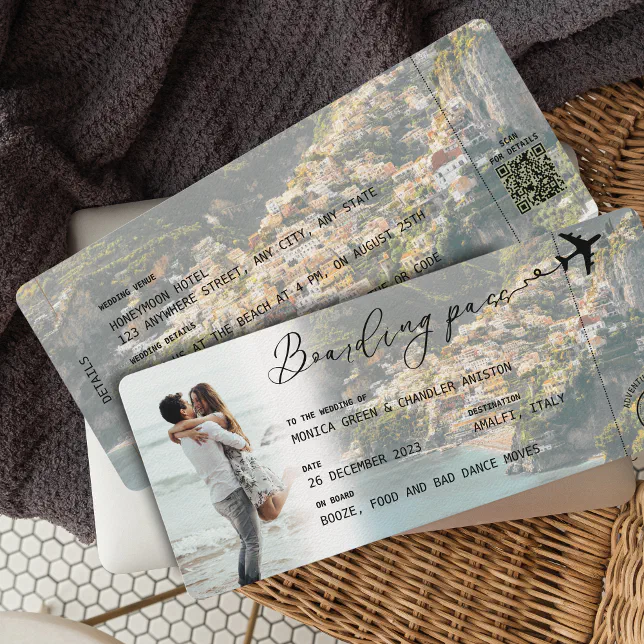 AMALFI Boarding Pass Destination Wedding QR code Invitation | Zazzle