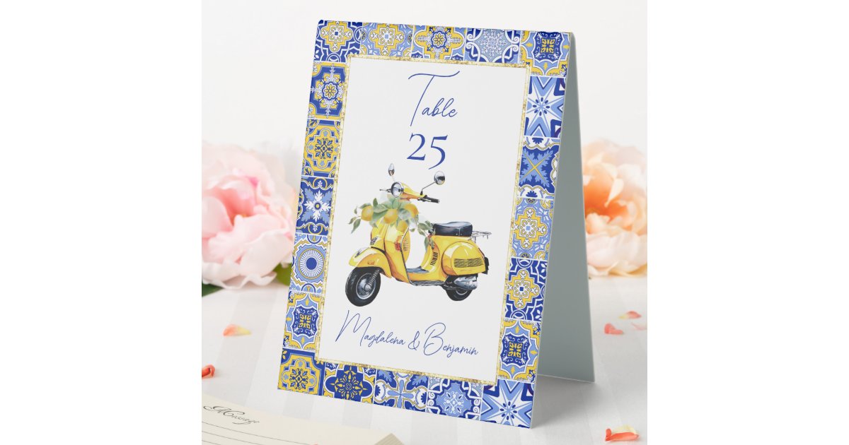 Amalfi Italian Blue Tile Scooter Lemons Wedding Table Tent | Zazzle