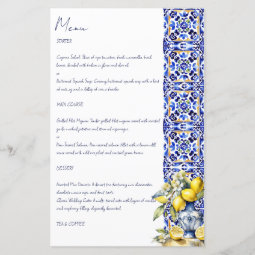 Amalfi Italian blue tiles lemon menu card template | Zazzle