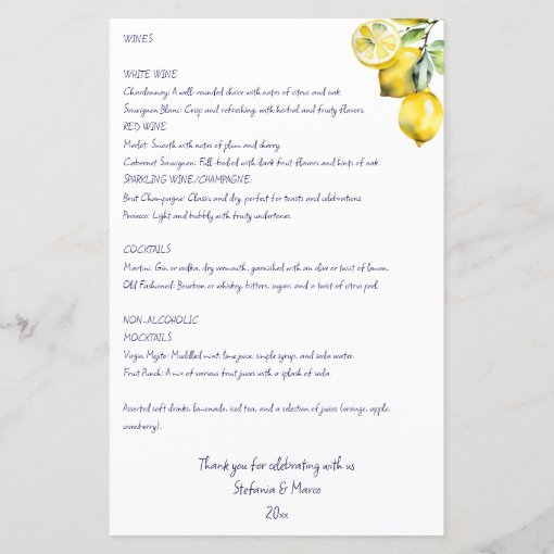 Amalfi Italian blue tiles lemon menu card template | Zazzle