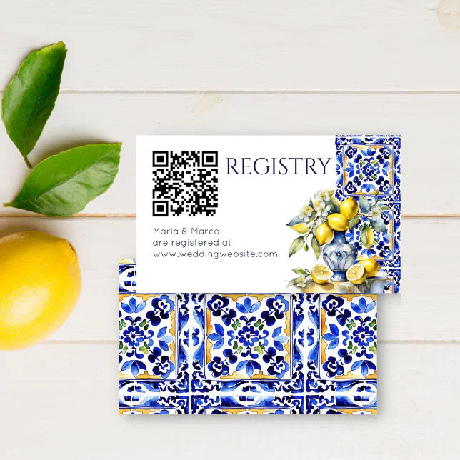 Amalfi Italian blue tiles lemons qr gift registry Enclosure Card | Zazzle