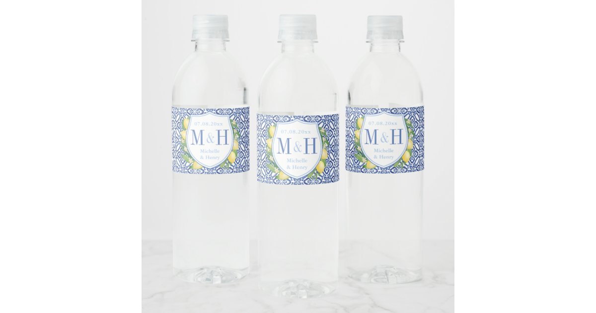 Amalfi Lemons Blue And White Tiles Wedding Crest Water Bottle Label ...