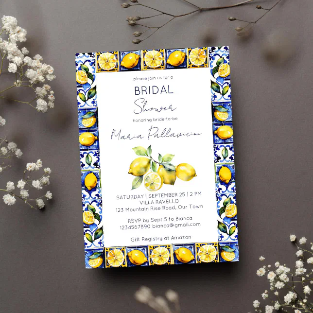 Amalfi Positano blue tiles lemons bridal shower Invitation | Zazzle
