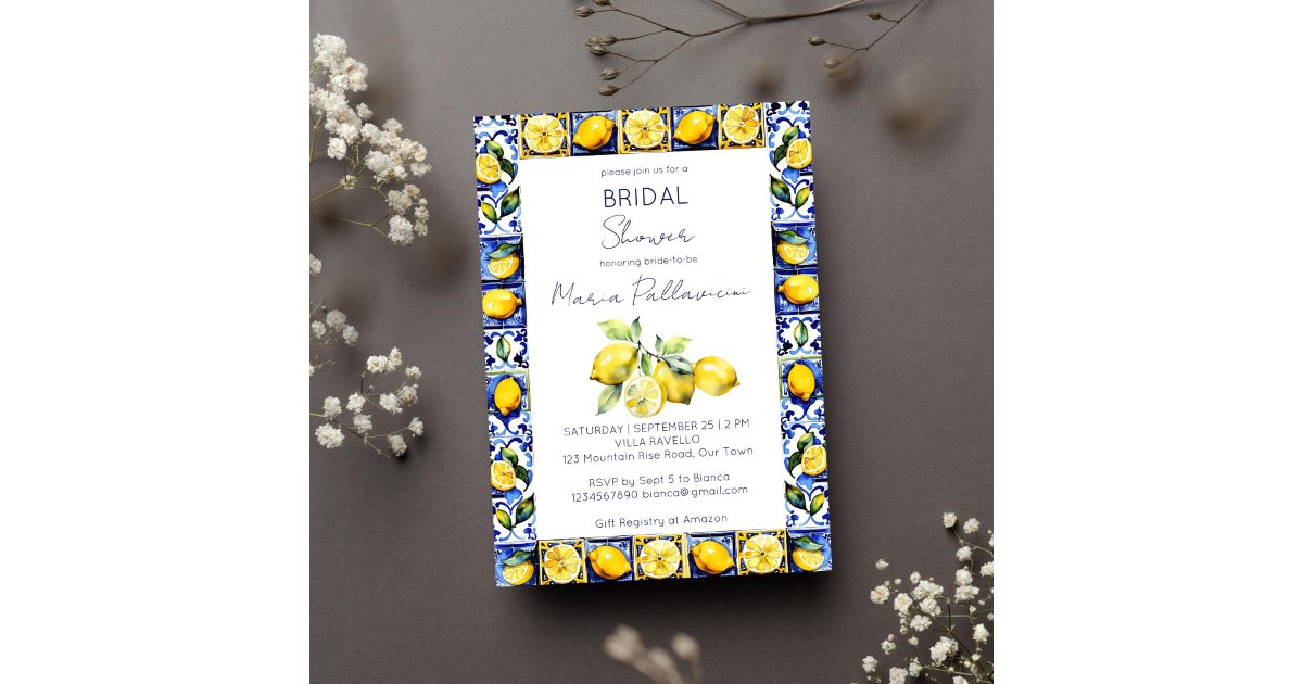 Amalfi Positano blue tiles lemons bridal shower Invitation | Zazzle