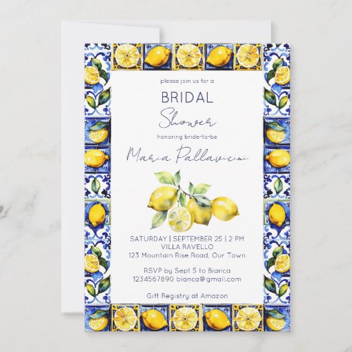 Amalfi Positano blue tiles lemons bridal shower Invitation | Zazzle