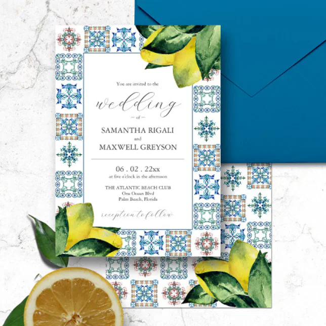 Amalfi Tile & Watercolor Lemon Wedding Invitations | Zazzle
