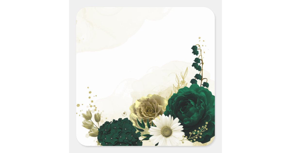 Amazing emerald green ivory gold flowers square sticker | Zazzle