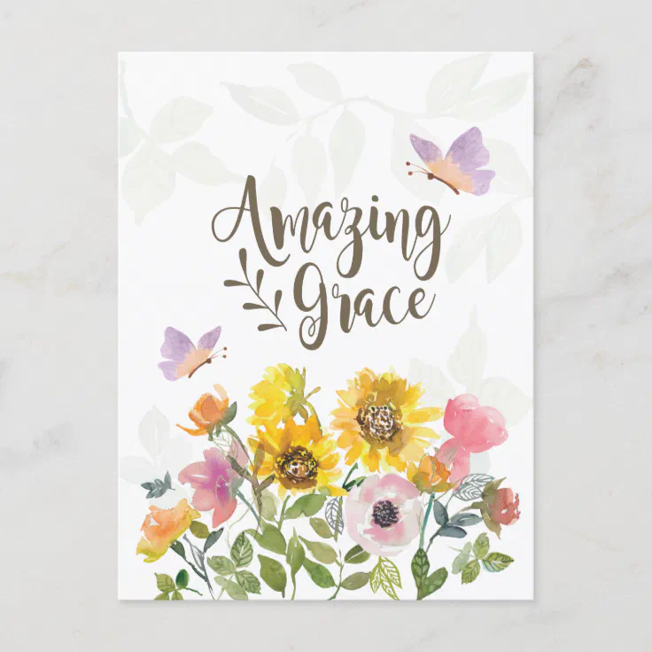 Amazing Grace Flowers and Butterflies Christian Postcard | Zazzle