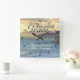 Amazing Grace Hymn Ocean Sunset Square Wall Clock | Zazzle