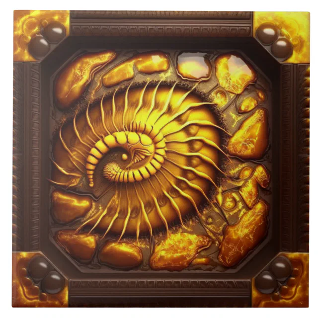 Amber Ceramic Tile with Prehistoric Fossil Design | Zazzle