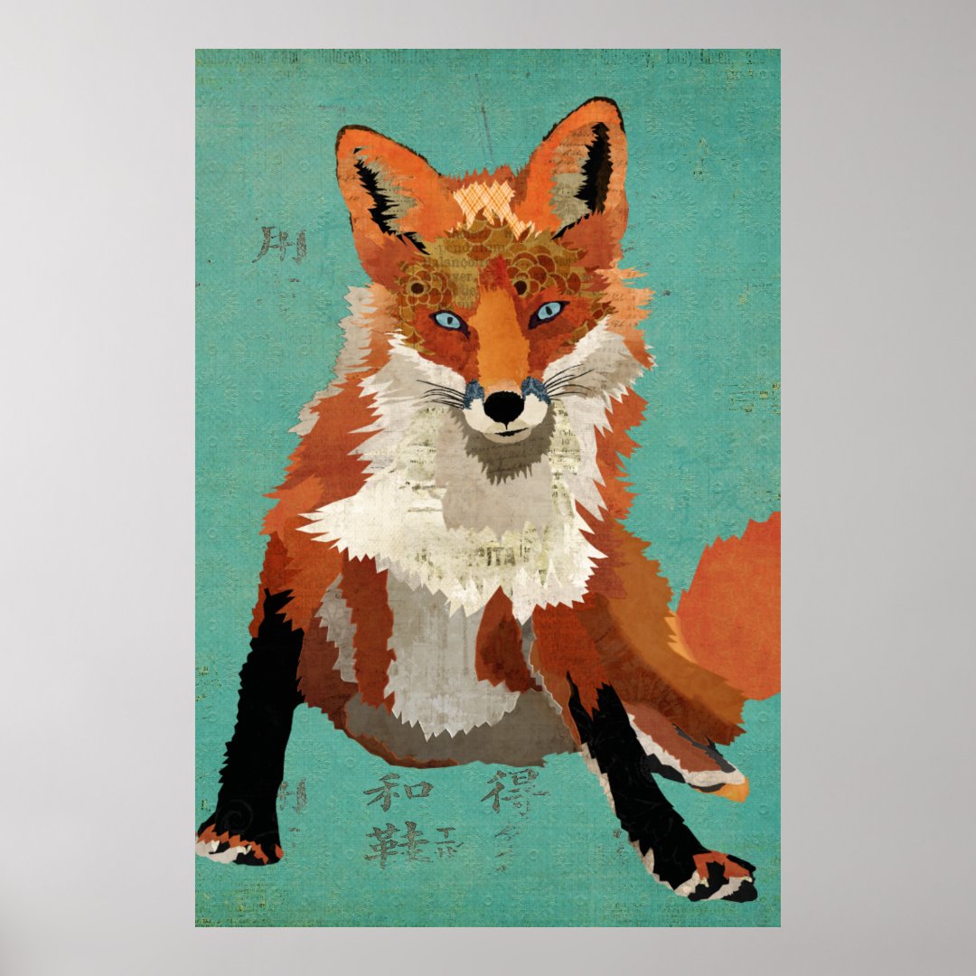 Amber Fox Retro Blue Art Poster | Zazzle