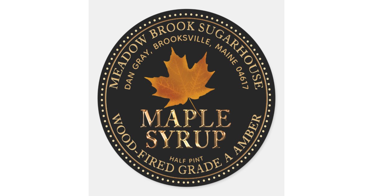 Amber Maple Leaf Metallic Maple-Syrup Color font Classic Round Sticker ...