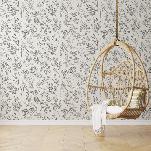 AMELIA Floral Boho Botanical Flower Cream and Gray Wallpaper | Zazzle