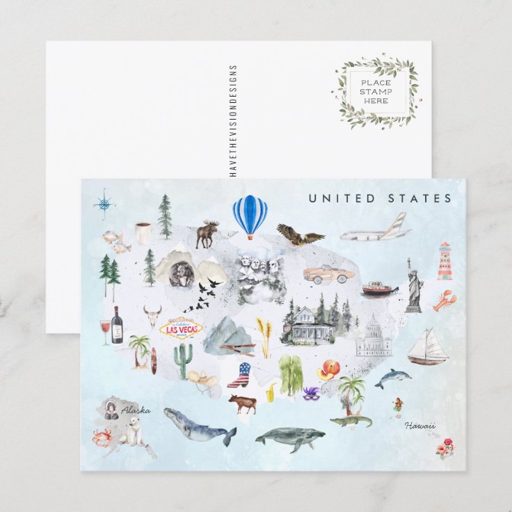 America | Watercolor Illustrated USA Map Postcard | Zazzle