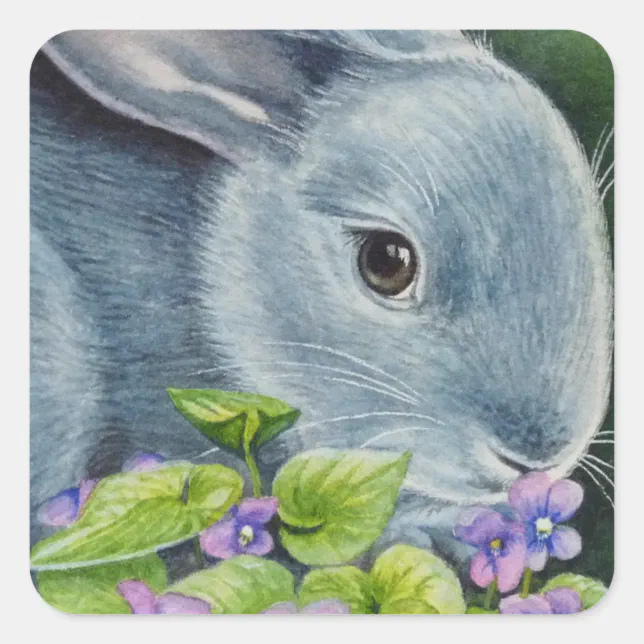 American Blue Rabbit in Violets Watercolor Art Square Sticker | Zazzle