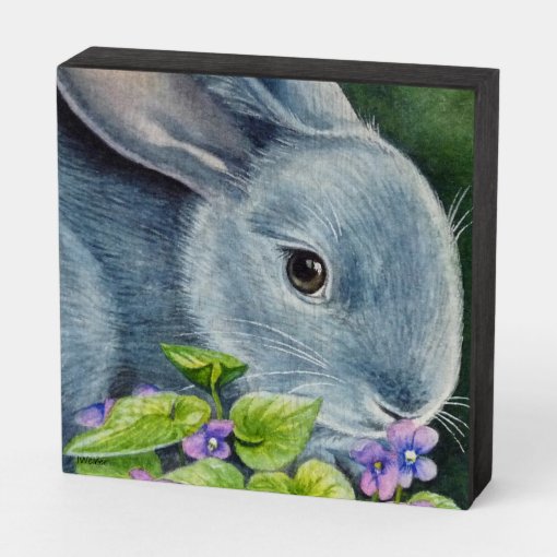 American Blue Rabbit in Violets Watercolor Art Wooden Box Sign | Zazzle
