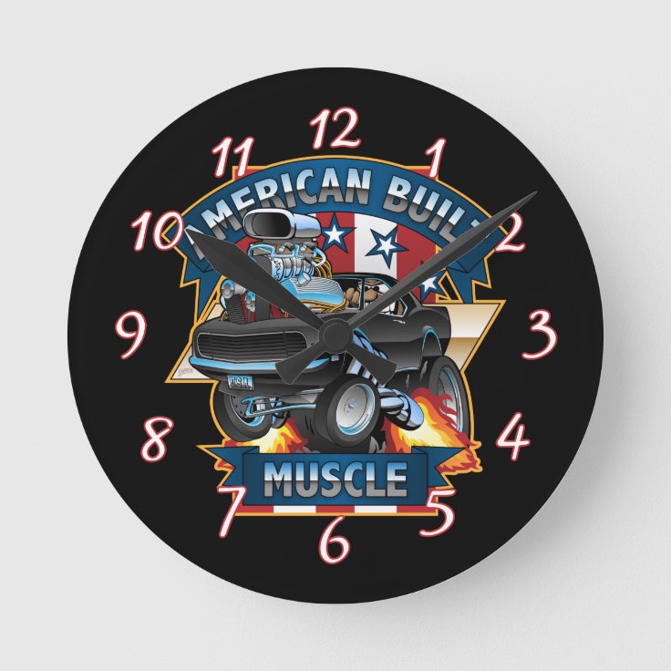 American Built Muscle - Classic Muscle Car Cartoon Round Clock | Zazzle