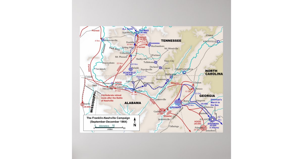 American Civil War Franklin Nashville Campaign Map Poster | Zazzle