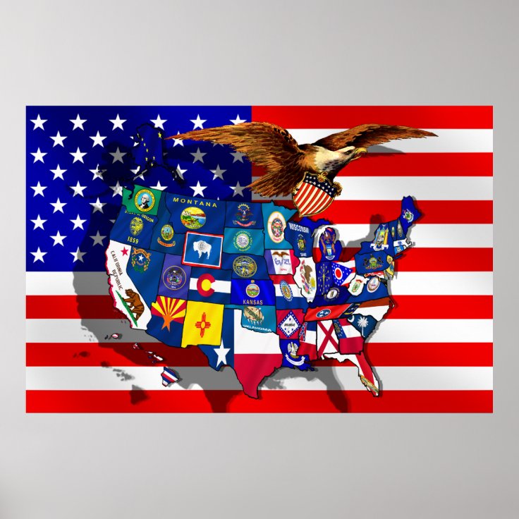 American Eagle USA flag US State flags map Poster | Zazzle