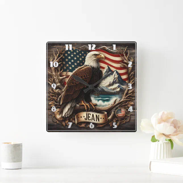 American Eagle With Mountains and Flag Background Square Wall Clock ...
