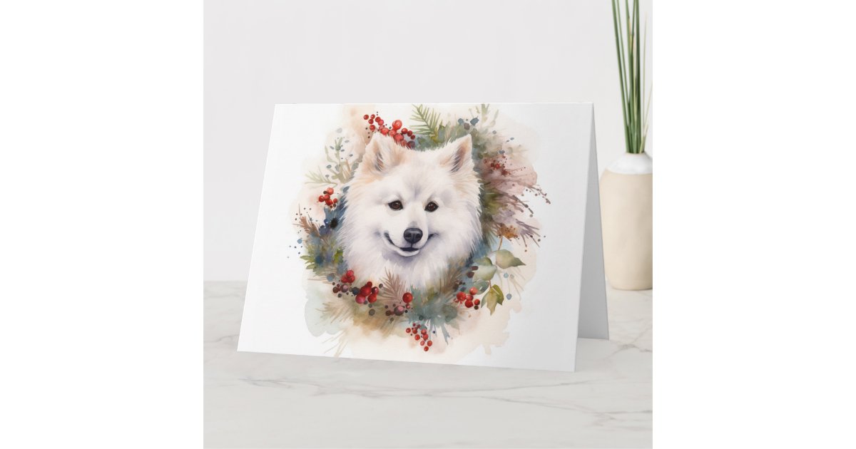 American Eskimo Christmas Wreath Festive Pup Card | Zazzle
