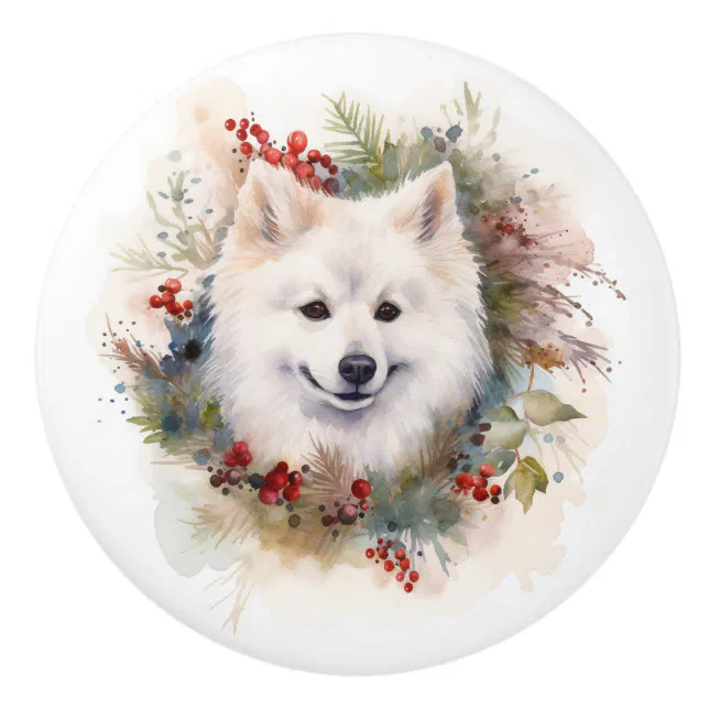 American Eskimo Christmas Wreath Festive Pup Ceramic Knob | Zazzle