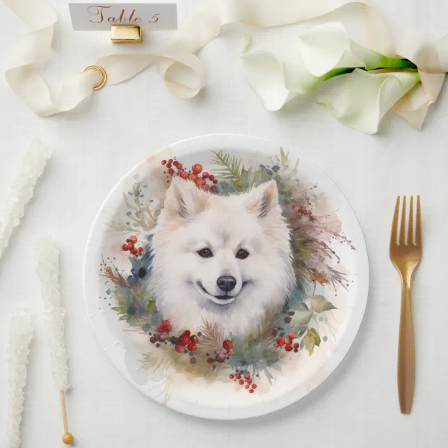 American Eskimo Christmas Wreath Festive Pup Paper Plates | Zazzle