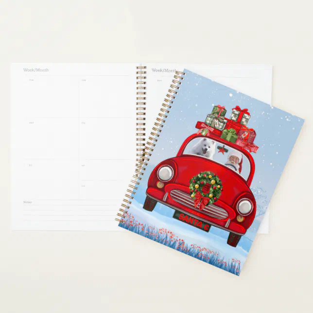 American Eskimo Dog In Car With Santa Clause Planner | Zazzle