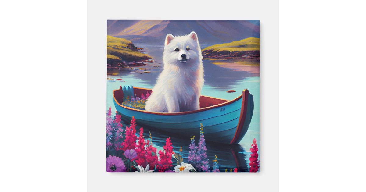 American Eskimo Dog on Paddle: A Scenic Adventure Magnet | Zazzle