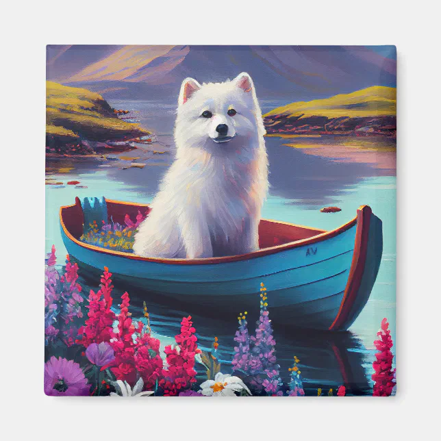 American Eskimo Dog on Paddle: A Scenic Adventure Magnet | Zazzle