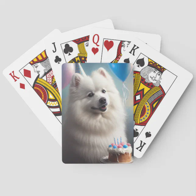 American eskimo dog with balloons birthday poker cards | Zazzle