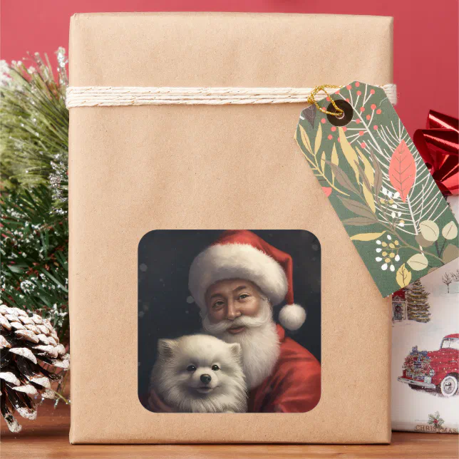 American Eskimo with Santa Claus Festive Christmas Square Sticker | Zazzle