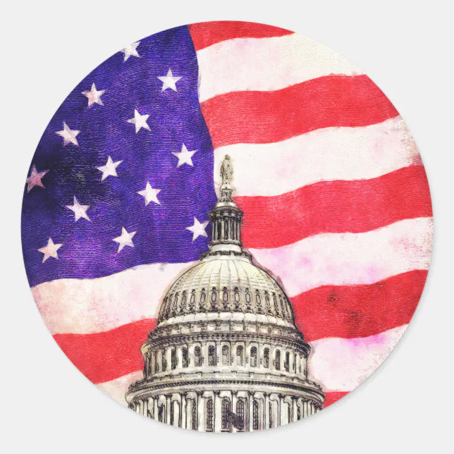 American Flag And Capitol Building Classic Round Sticker | Zazzle