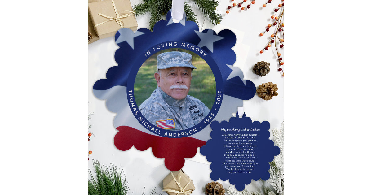 American Flag Custom Photo In Loving Memory Ornament Card | Zazzle