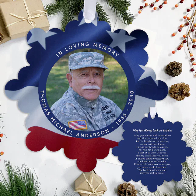 American Flag Custom Photo In Loving Memory Ornament Card | Zazzle