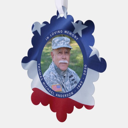 American Flag Custom Photo In Loving Memory Ornament Card | Zazzle