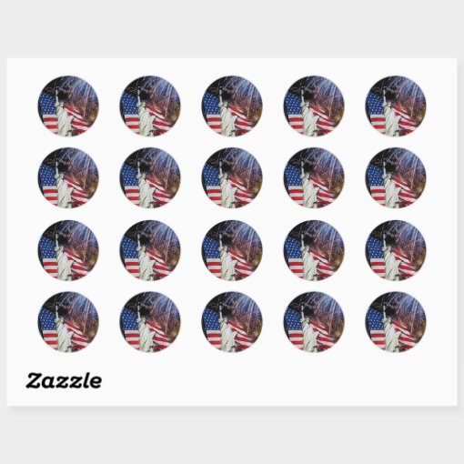American Flag, Fireworks and Statue of Liberty Classic Round Sticker ...