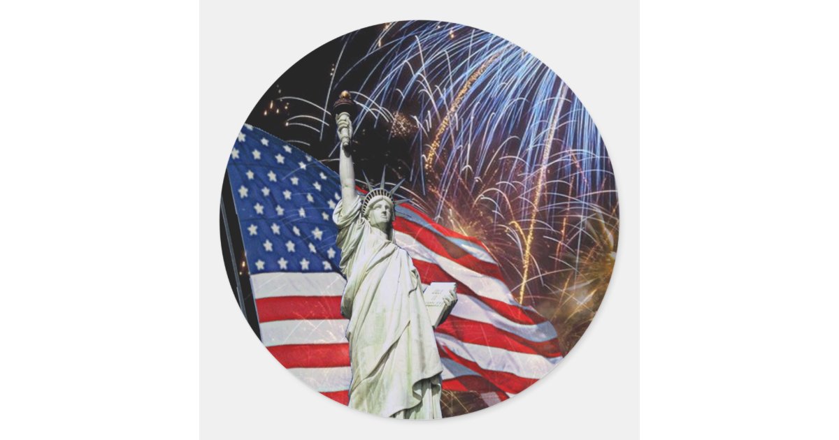 American Flag, Fireworks and Statue of Liberty Classic Round Sticker ...