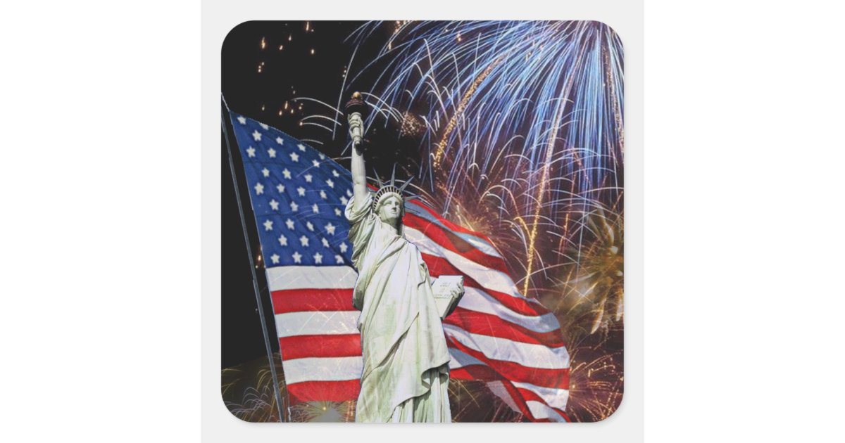 American Flag, Fireworks and Statue of Liberty Square Sticker | Zazzle