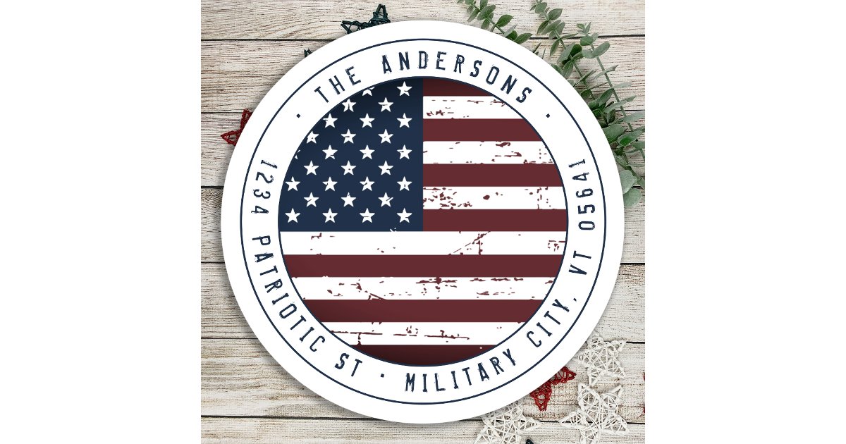 American Flag Military Patriotic Return Address Classic Round Sticker ...