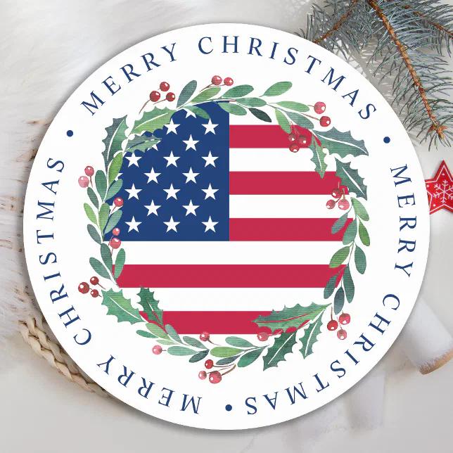 American Flag Patriotic Christmas Wreath Round Paper Coaster | Zazzle