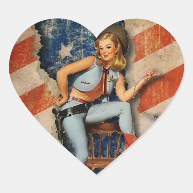 American Flag Patriotic Naughty PinUp CowGirl Heart Sticker | Zazzle