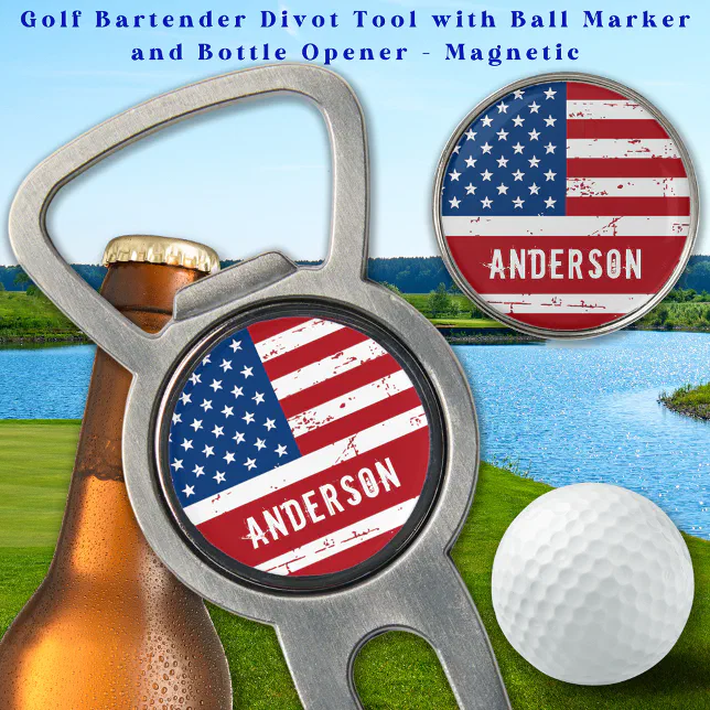 American Flag Personalized Stars Stripes Patriotic Divot Tool | Zazzle