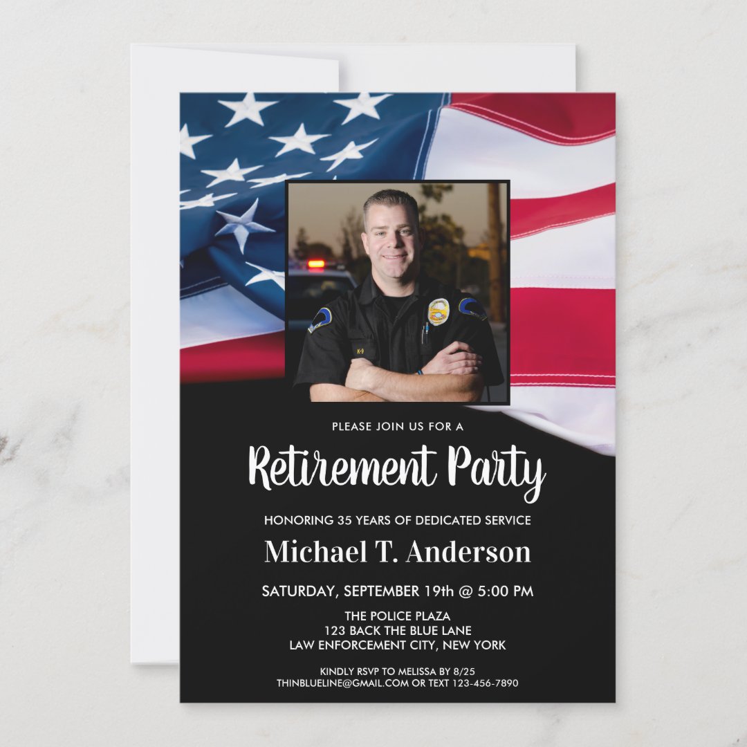 American Flag Retirement Patriotic Photo Police Invitation | Zazzle