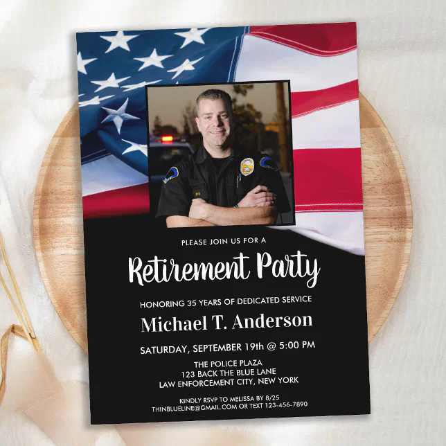 American Flag Retirement Patriotic Photo Police Invitation | Zazzle