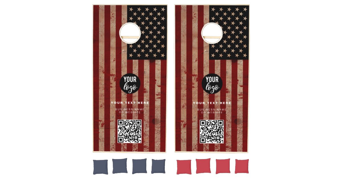 American Flag Rustic Wood QR Code Business Logo Cornhole Set | Zazzle